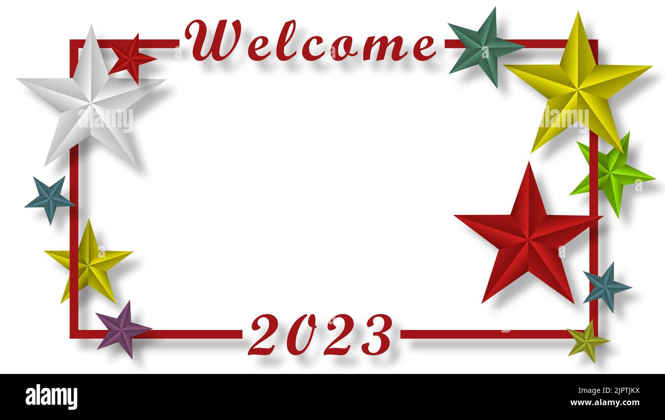 Welcome 2023 - coloured stars in paper craft design over red frame on ...