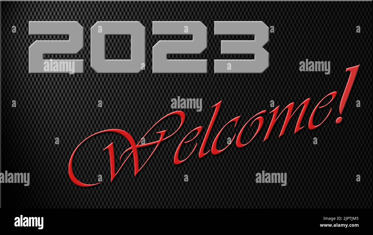 Welcome 2023 lettering with carbon graphic elements illustrated on dark ...