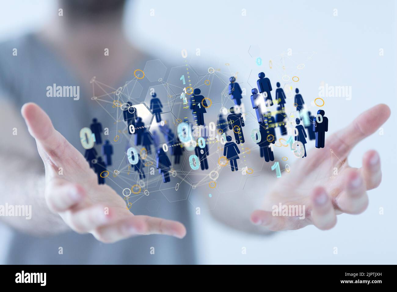The 3d rendered people icons with binary codes hovering over man's ...