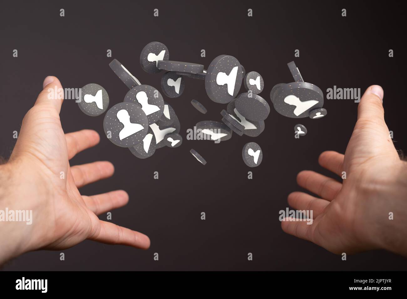 The 3d rendered profile icons hovering over a man's hands Stock Photo ...