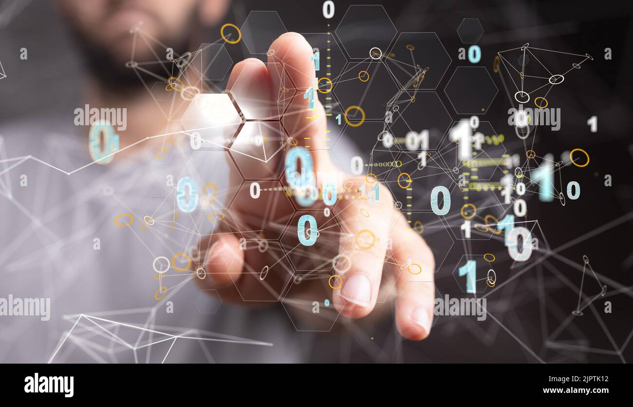 A man's hand pointing at 3d rendered binary codes Stock Photo - Alamy