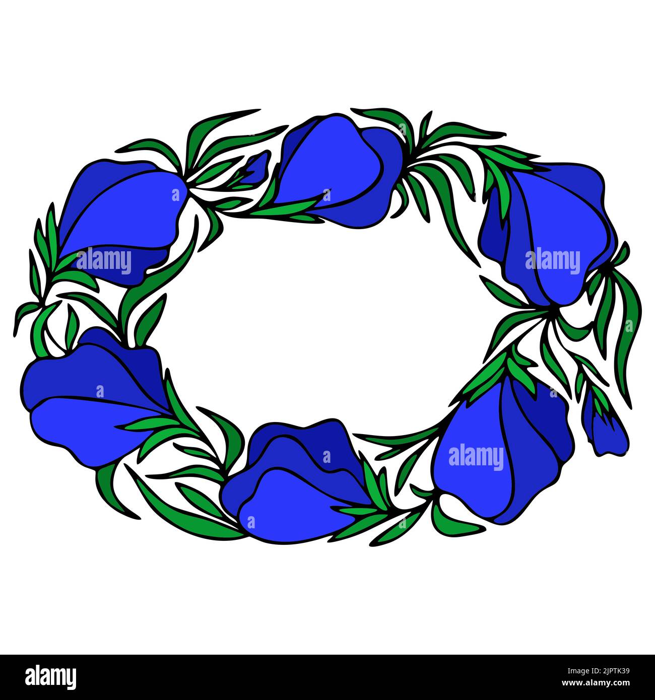 floral frame of large blue flower buds on a white background, border ...