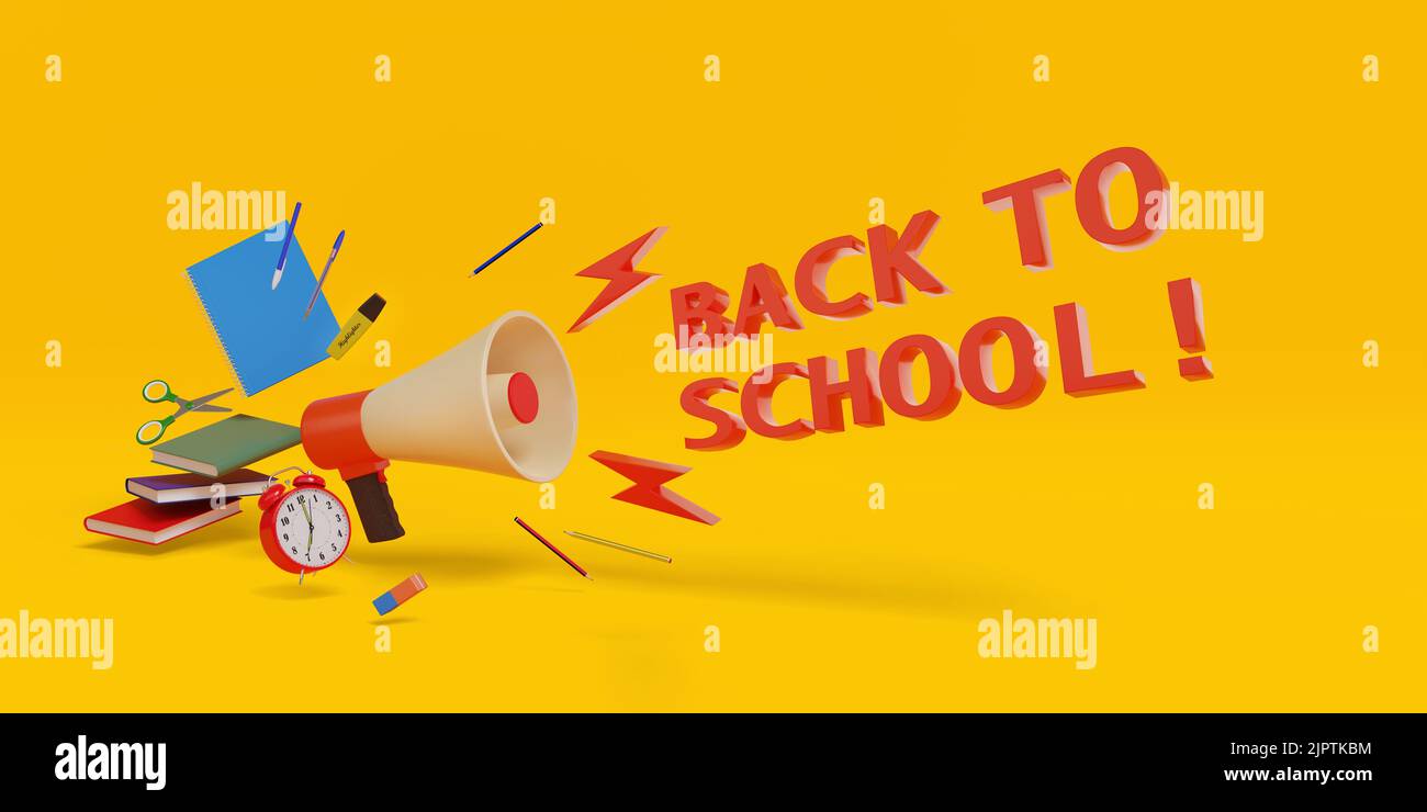 Megaphone with back to school text and school supplies. 3d illustration ...