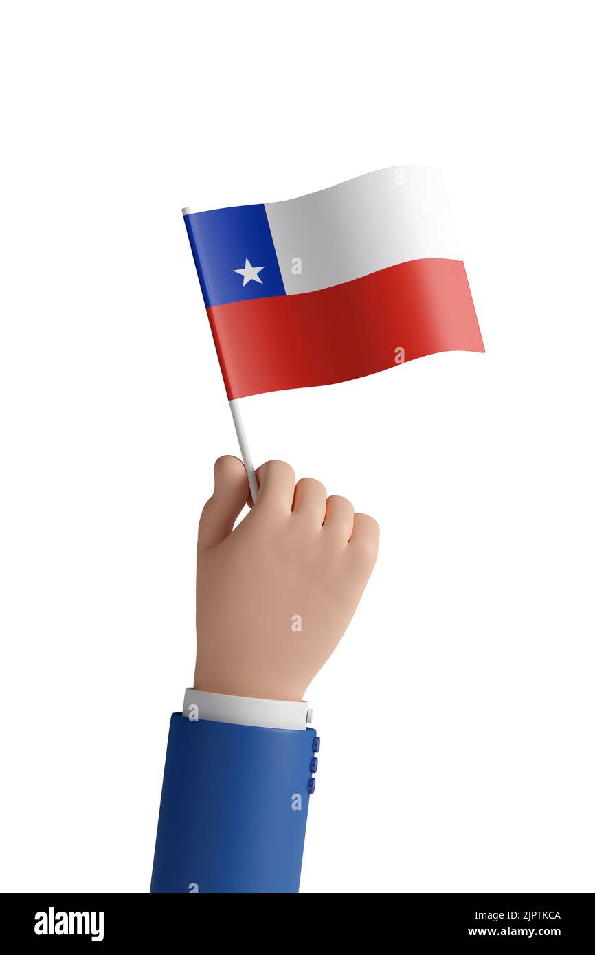 Cartoon hand with the flag of Chile isolated on white background. 3d ...