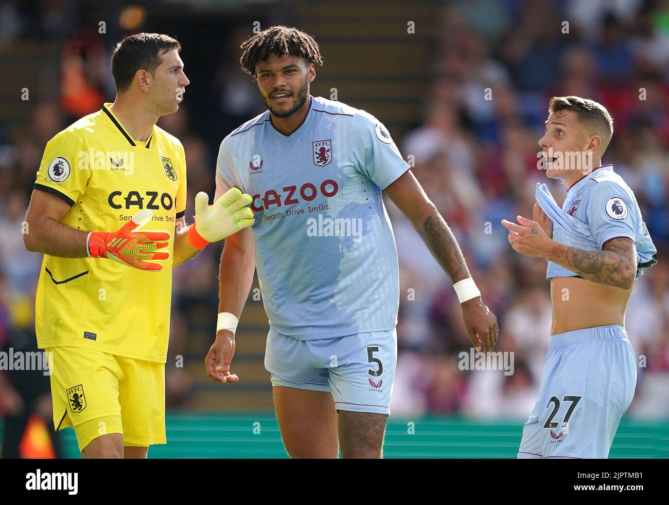 Aston Villa goalkeeper Emiliano Martinez speaks to team-mate Tyrone ...