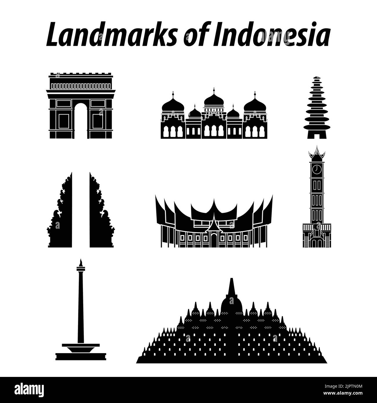 Bundle of Indonesia famous landmarks by silhouette style,vector ...
