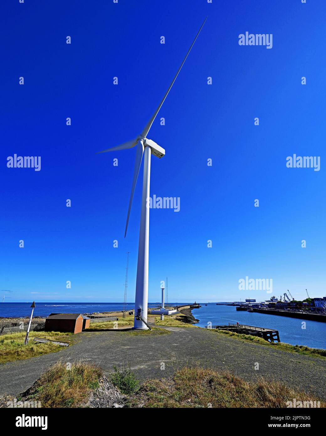 Cambois port Blyth Northumberland single wind turbine by the port ...