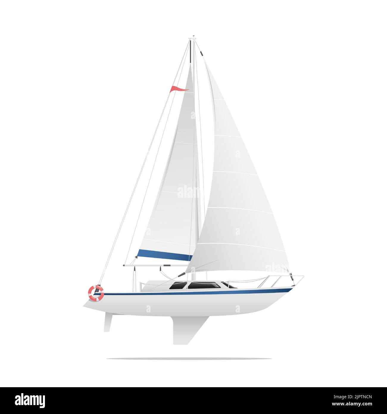 White sailboat is in a side view with blue stripes isolated on a white ...