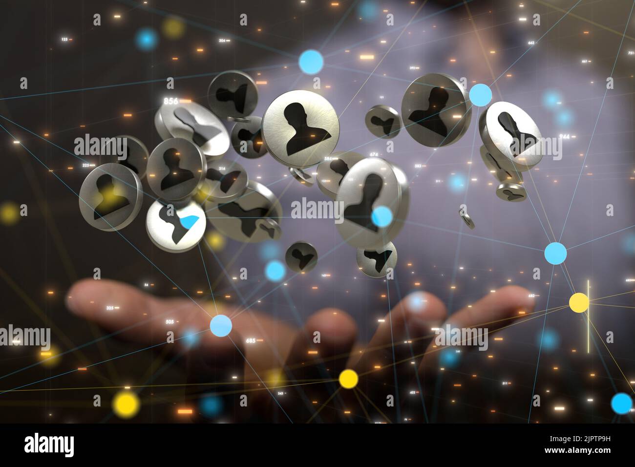 A 3D rendered silver user icons floating on a palm of a hand Stock ...