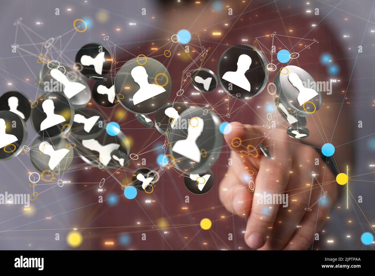A person pointing to 3D rendered black user icons connected in ...