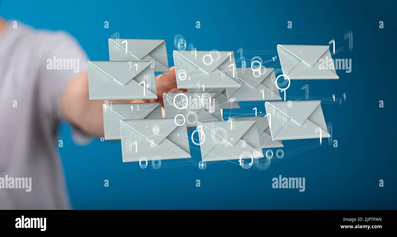 A person pointing to 3D rendered white email envelope icons Stock Photo ...