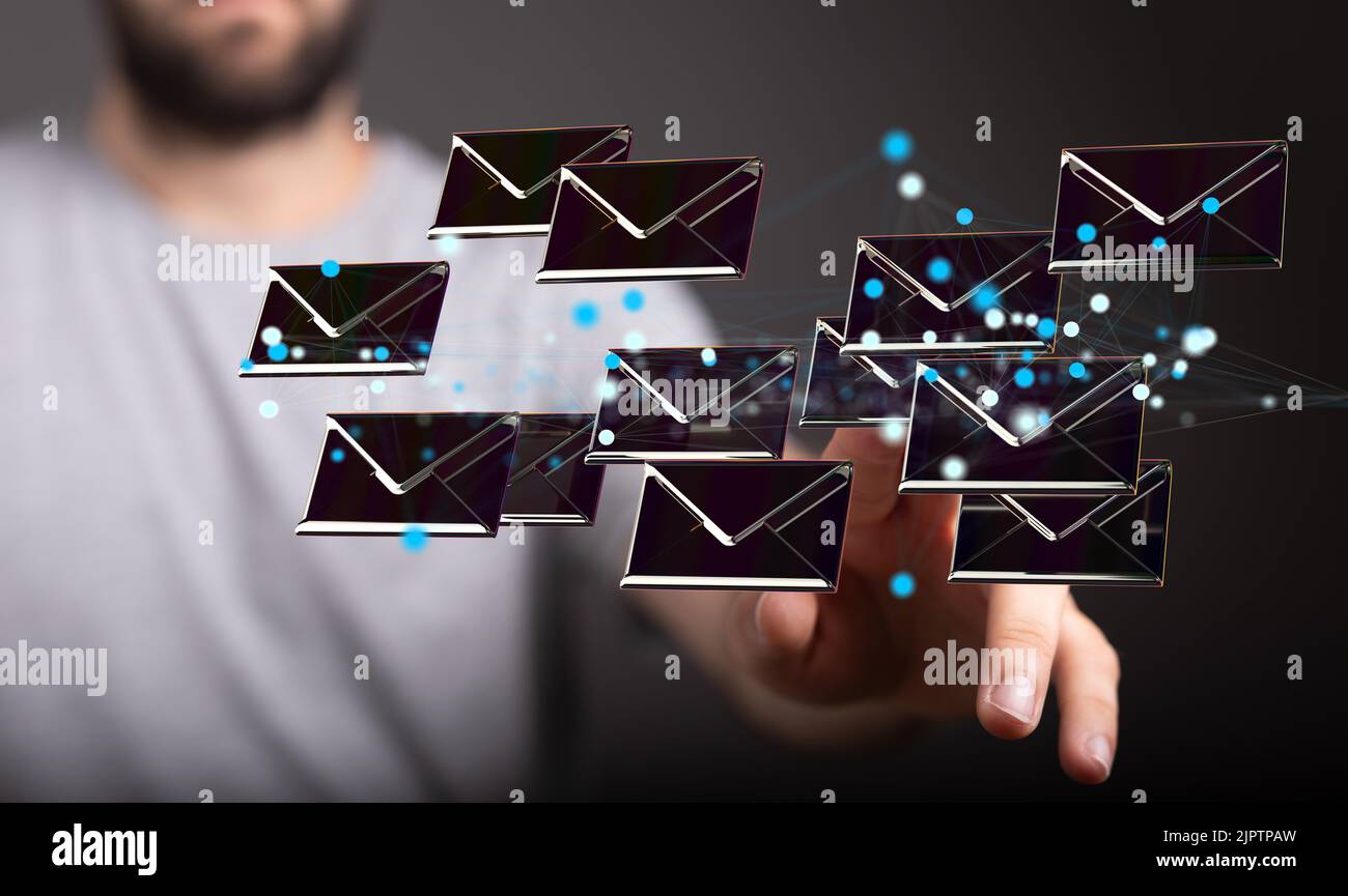 A person pointing to 3D rendered black email envelope icons Stock Photo ...