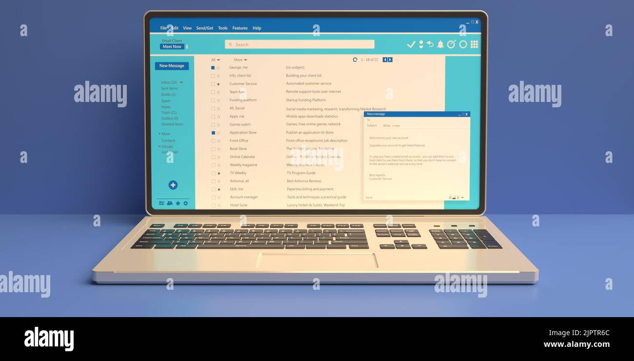 Email message communication. Online correspondence, Client mail list on ...
