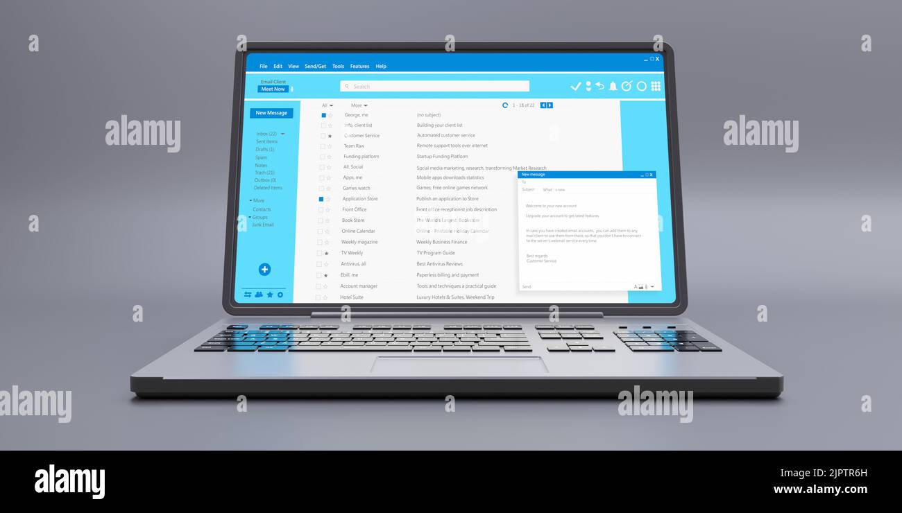 Client mail list on computer laptop screen. Email message communication ...