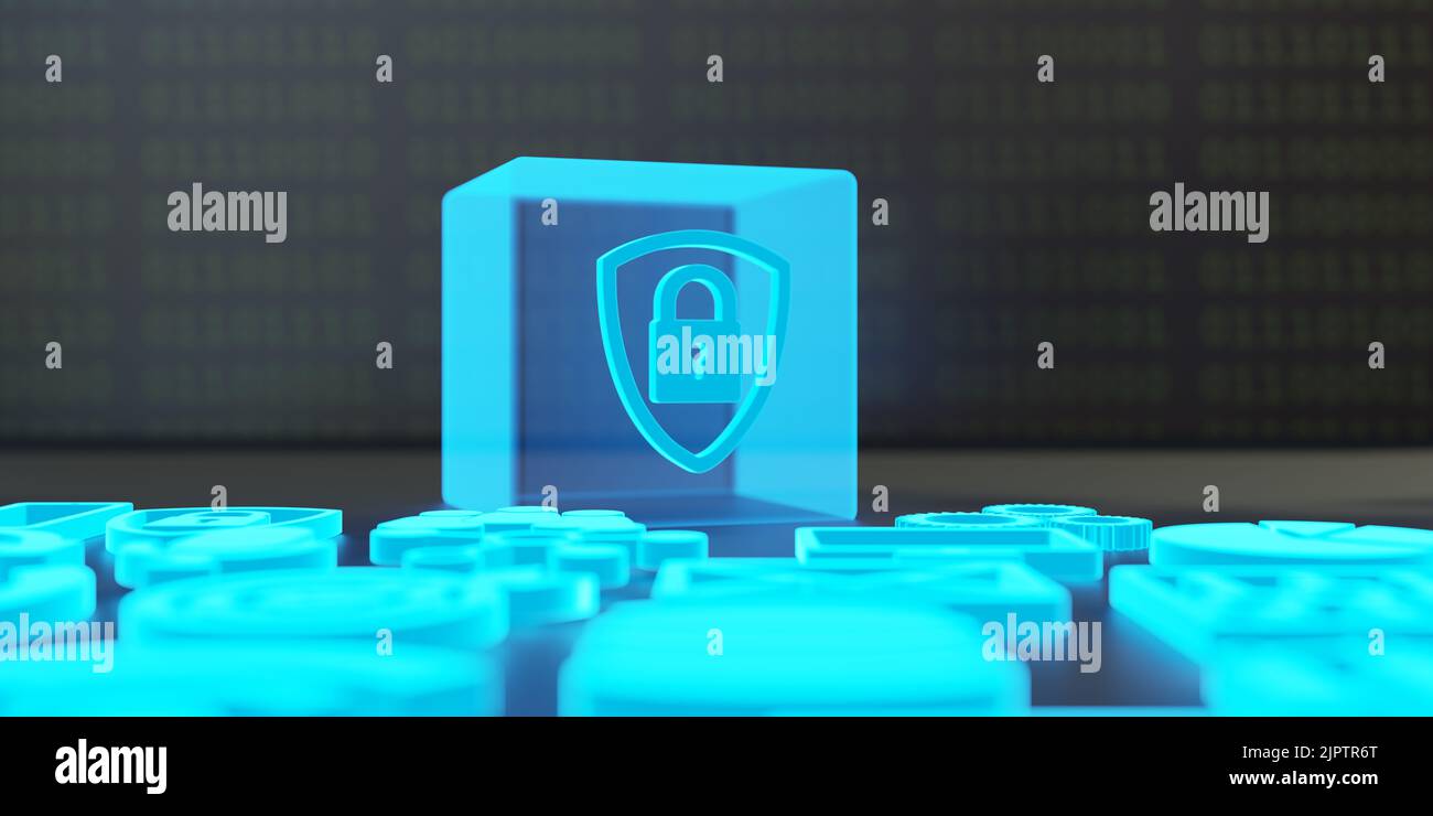 Cyber security concept. Transparent blue cube with padlock symbol on ...