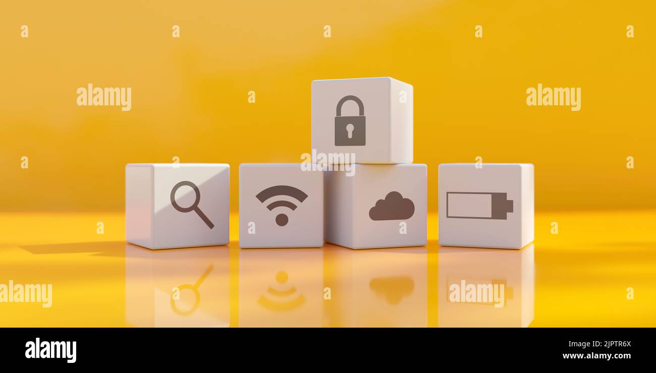 Cubes block with tech symbols on yellow background. Cyber security ...
