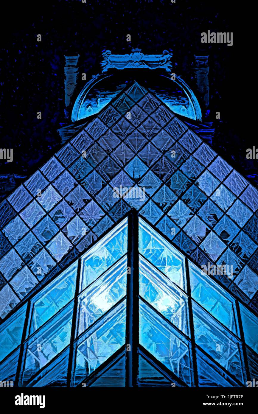 Digital illustration of Louvre pyramid detail at night blue lit, with ...