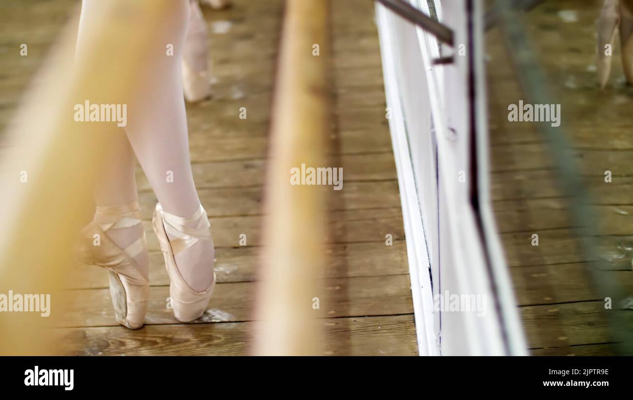close up, in dancing hall, Young ballerinas in purple leotards perform ...