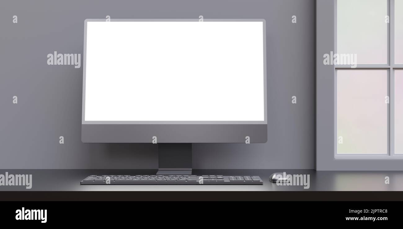 Computer desktop monitor, pc keyboard on black desk. Home office, empty ...