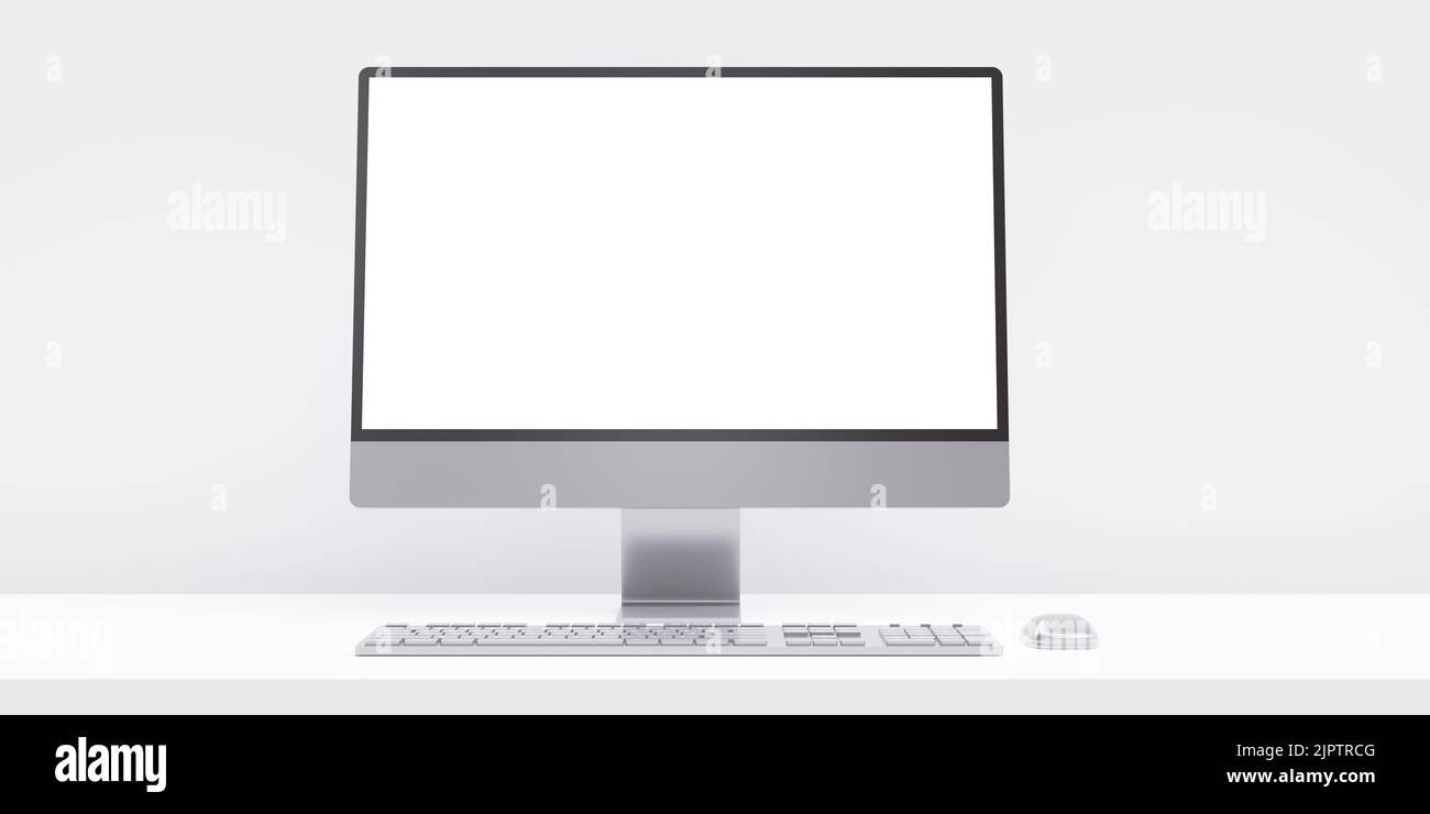 Computer desktop blank monitor, pc keyboard and mouse isolated on white ...