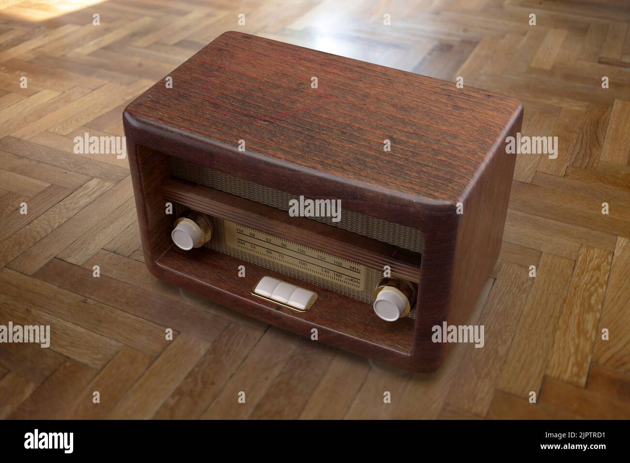 Nostalgia concept. Retro radio on wooden floor background. Vintage old ...
