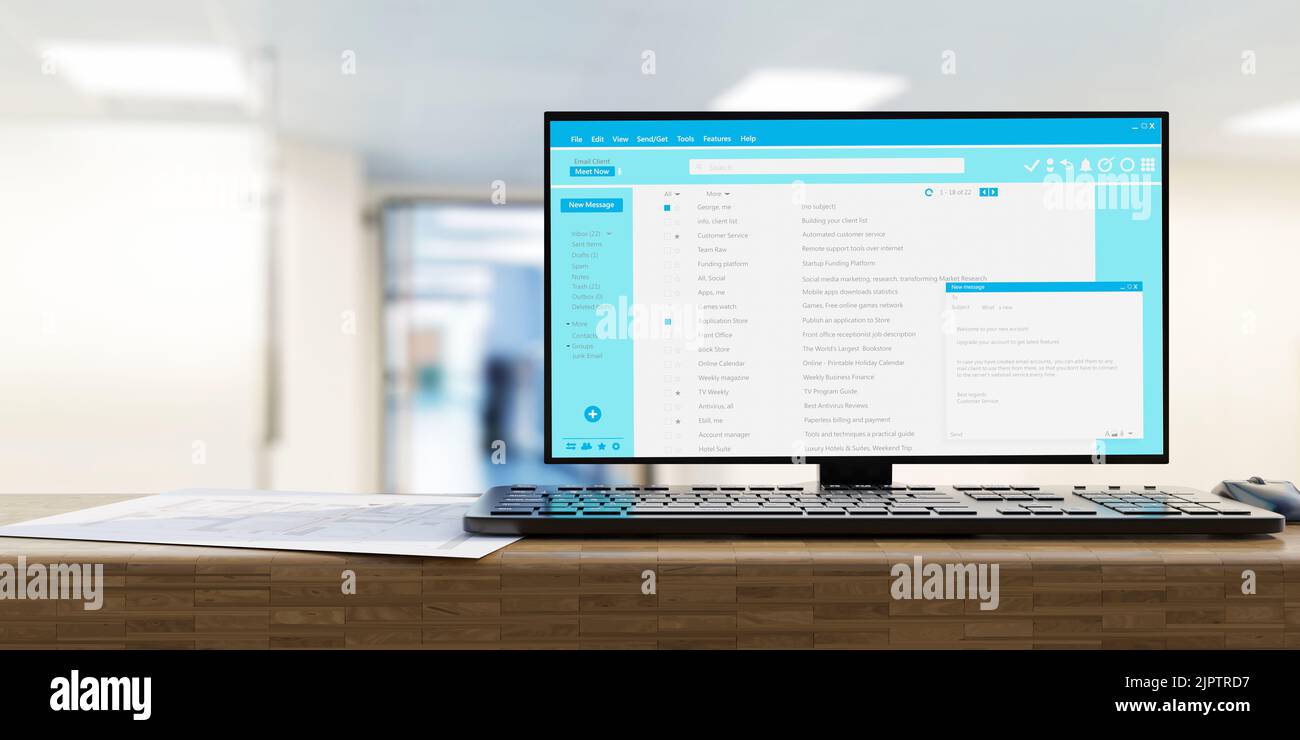 Email message communication. Client mail list on computer desktop monitor. Pc on office desk ...