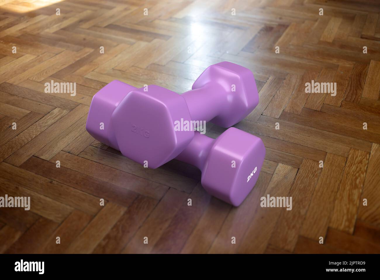 Healthy lifestyle concept. Purple dumbbell 2 kg heavy on wooden floor ...