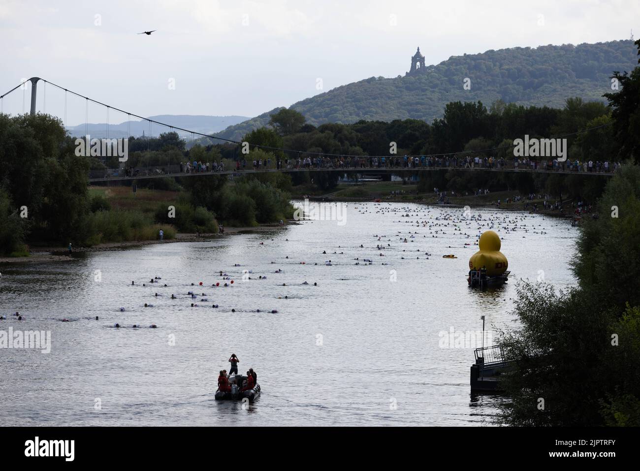 Minden, Germany. 20th Aug, 2022. Swimmers swimming in the Weser ...