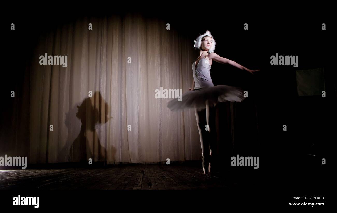 in rays of spotlight, on the stage of the old theater hall. Young ...