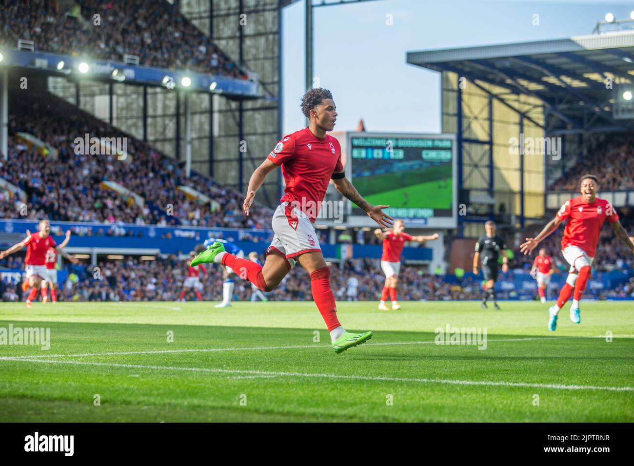 Brennan Johnson #20 of Nottingham Forest celebrates opening the scoring ...