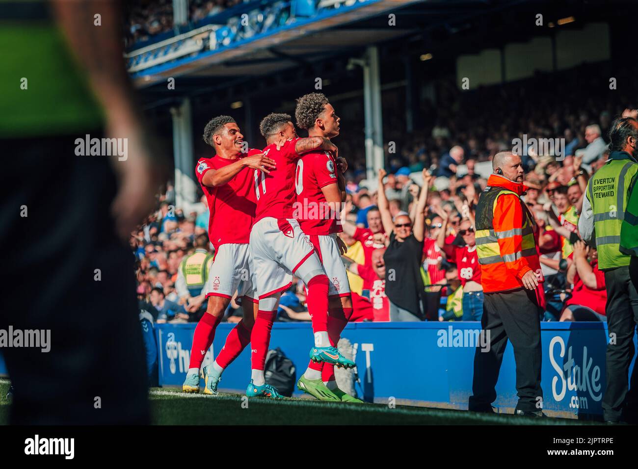 Brennan Johnson #20 of Nottingham Forest celebrates opening the scoring ...