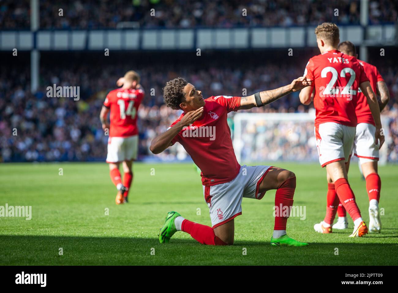 Brennan Johnson #20 of Nottingham Forest celebrates opening the scoring ...