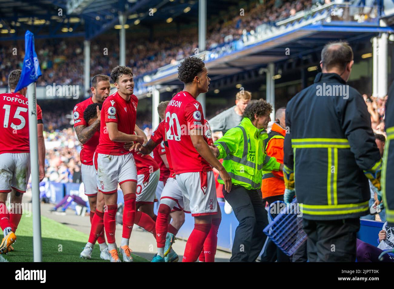 Brennan Johnson #20 of Nottingham Forest celebrates opening the scoring ...
