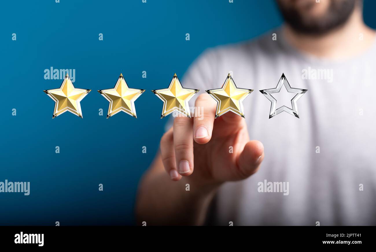 A 3d rendering of a review icon and rating stars showing feedback Stock ...