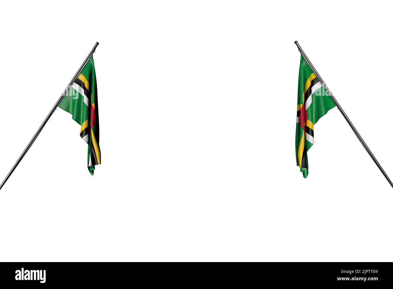 cute two Dominica flags hangs on diagonal poles from two sides isolated ...