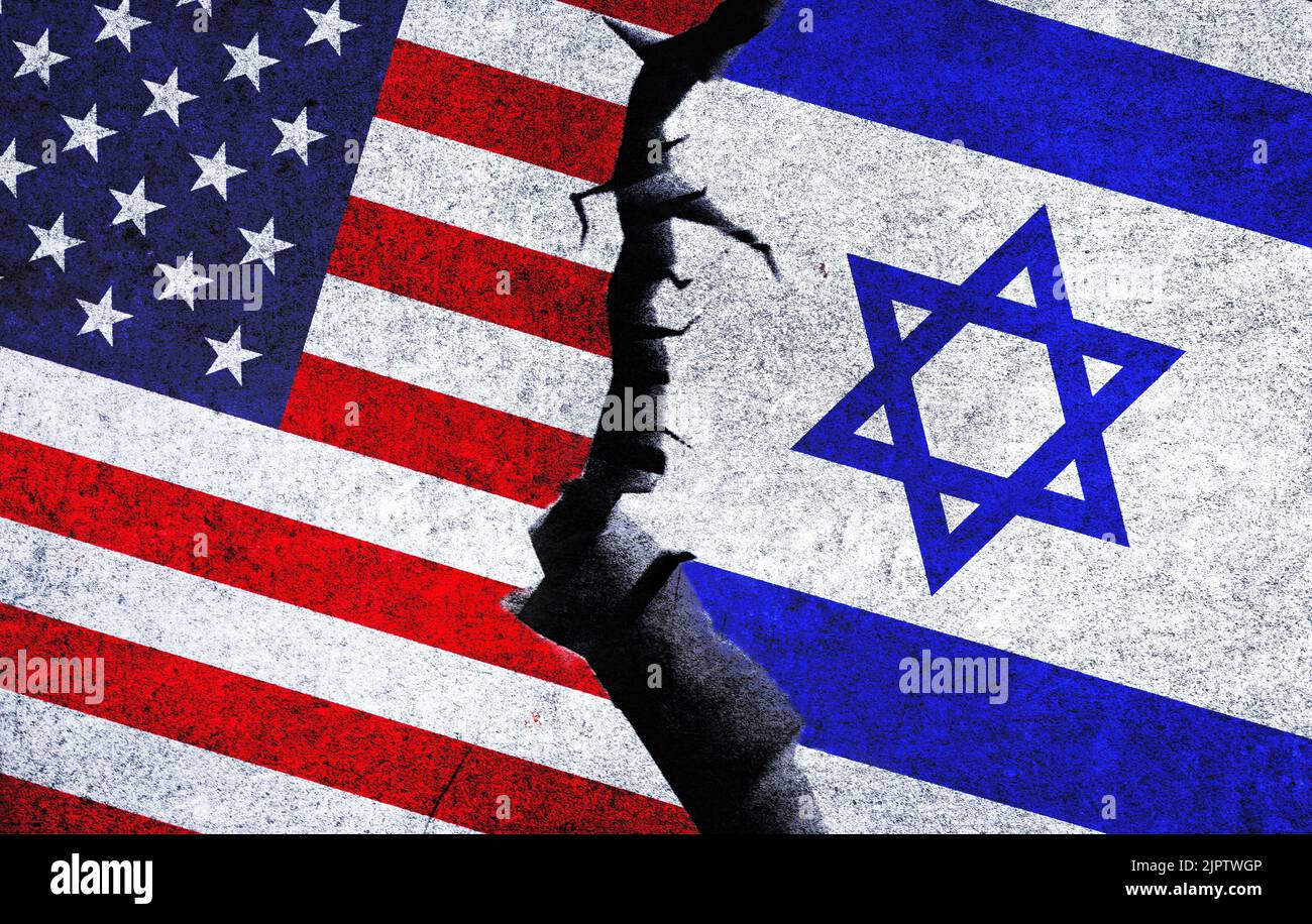 Israel vs USA concept flags on a wall with a crack. United States of ...