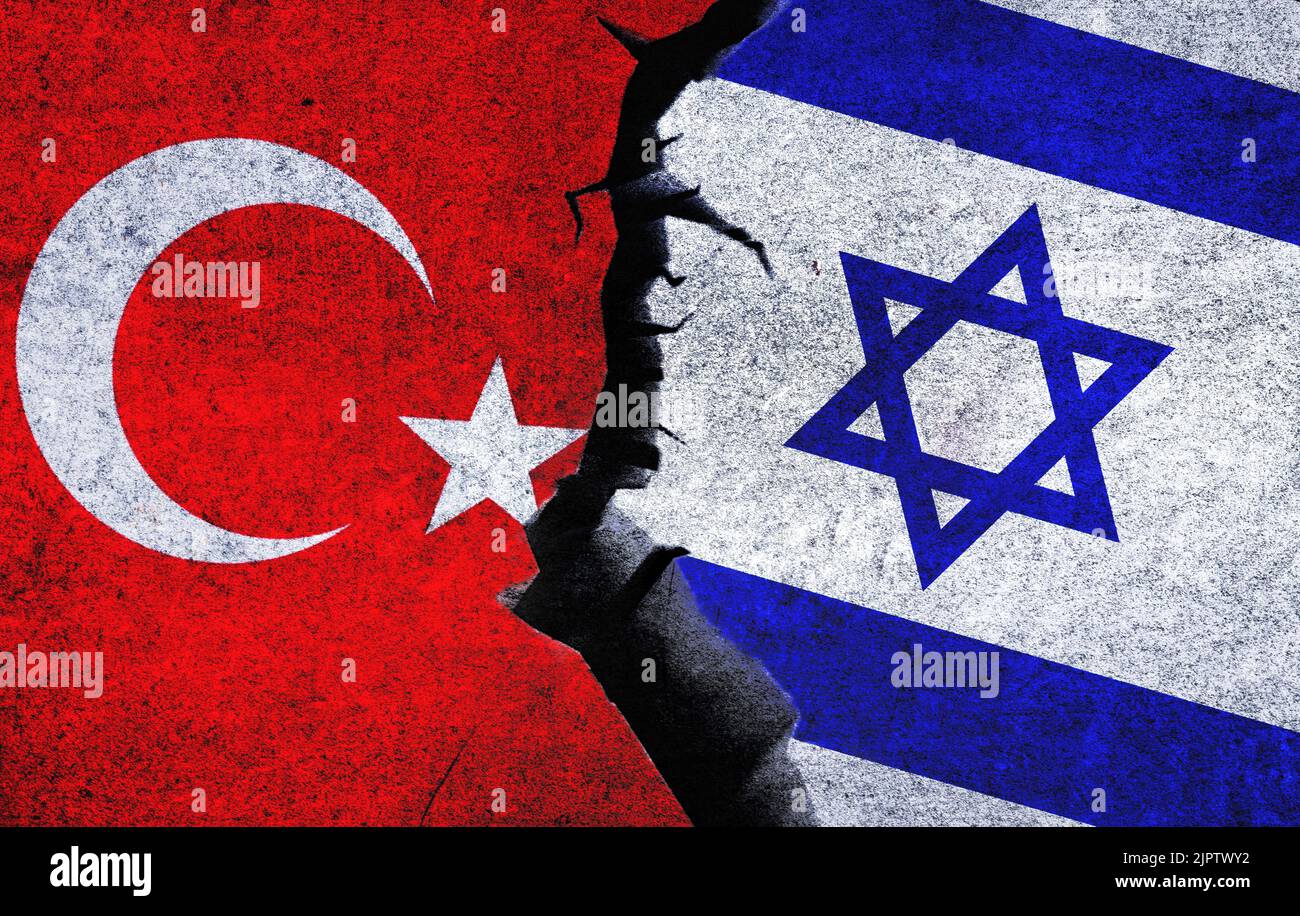 Israel vs Turkey concept flags on a wall with a crack. Israel and ...