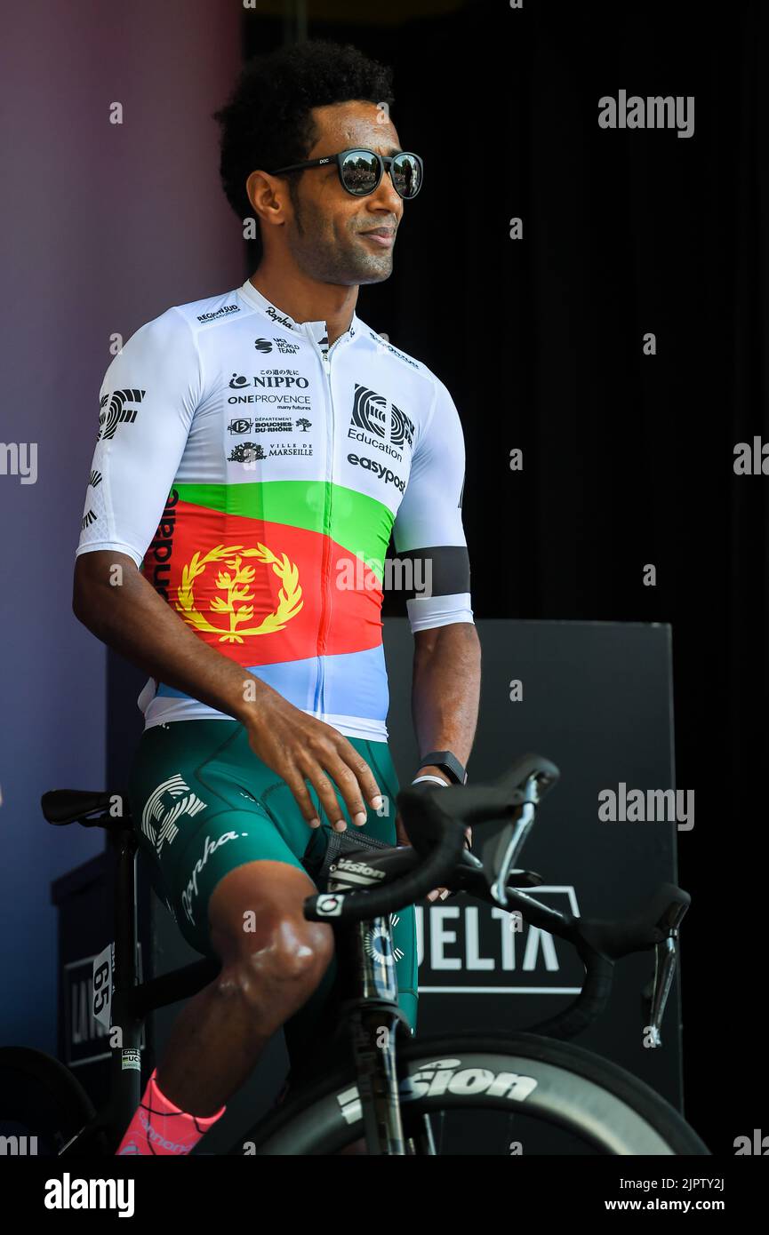 Eritrean Merhawi Kudus of EF Education-EasyPost pictured on the podium ...