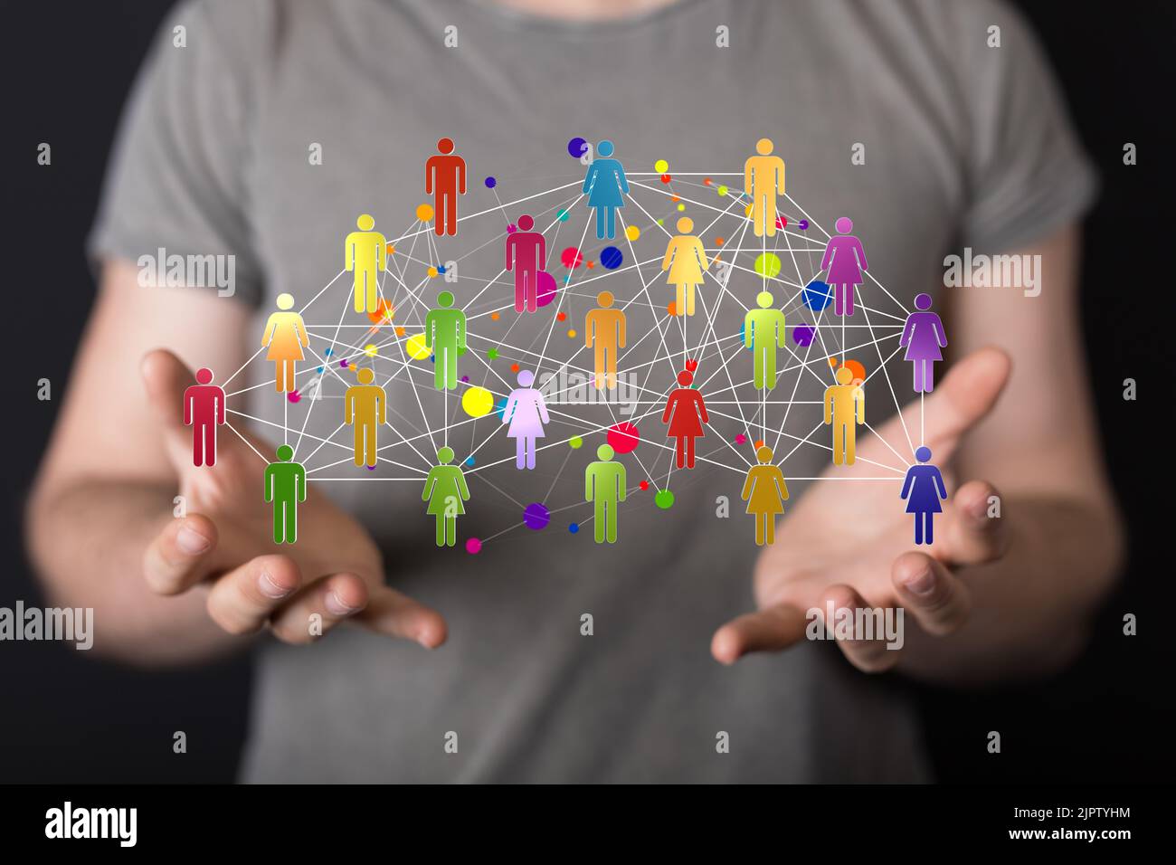 A 3d rendering of floating connected profile icons on a palm of a hand Stock Photo - Alamy