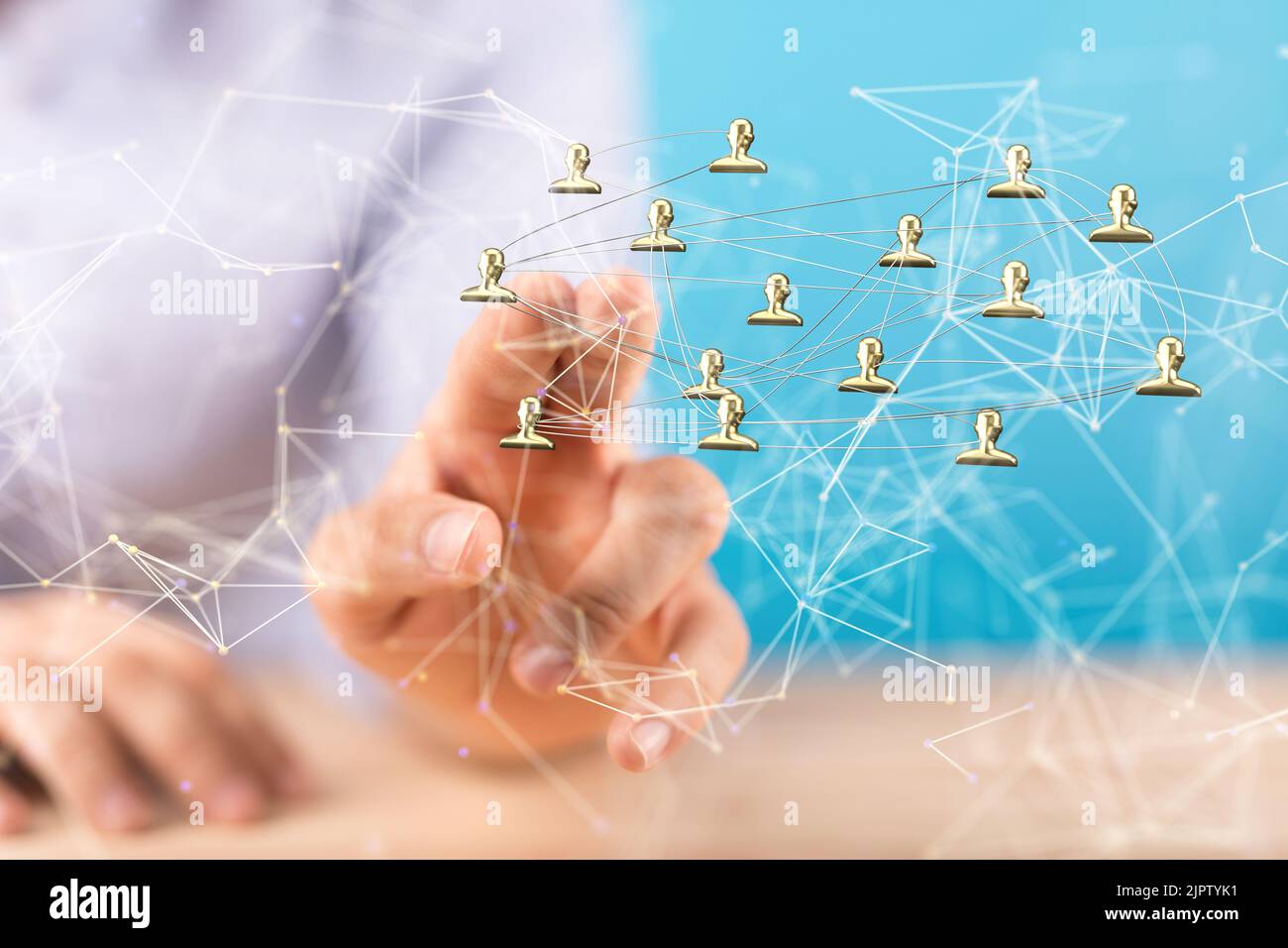 A finger touching a 3d rendering of floating connected profile icons Stock Photo - Alamy