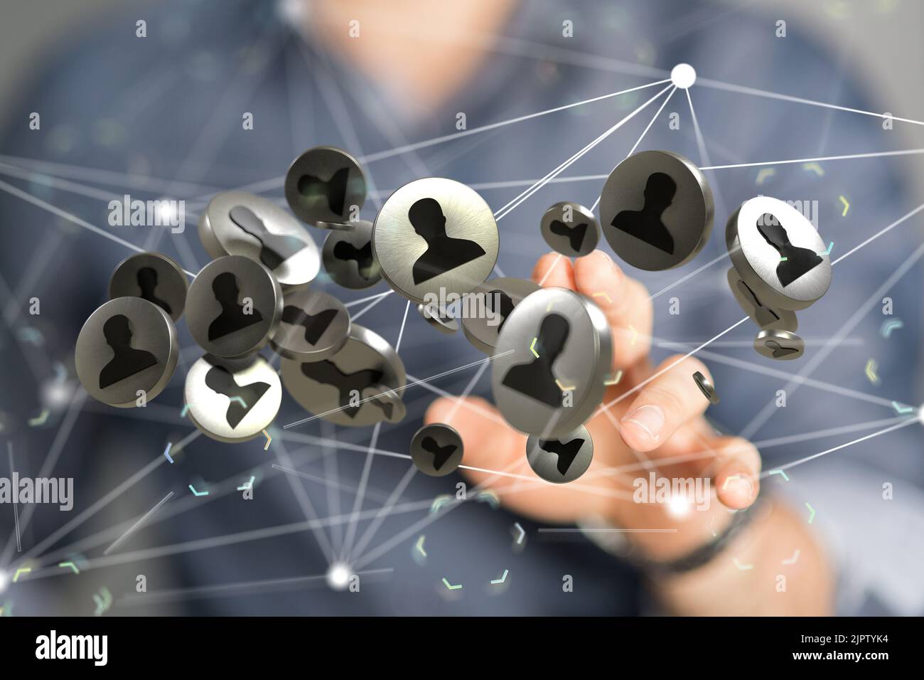 A finger touching a 3d rendering of floating connected profile icons Stock Photo - Alamy