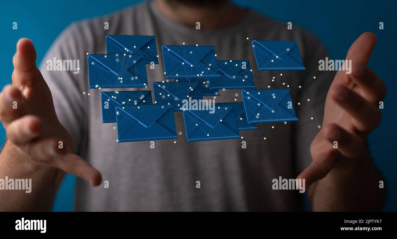 A 3d rendering of floating connected message icons on a palm of a hand Stock Photo - Alamy