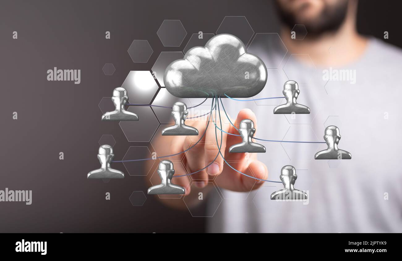 A finger touching a 3d rendering of floating connected profile icons ...