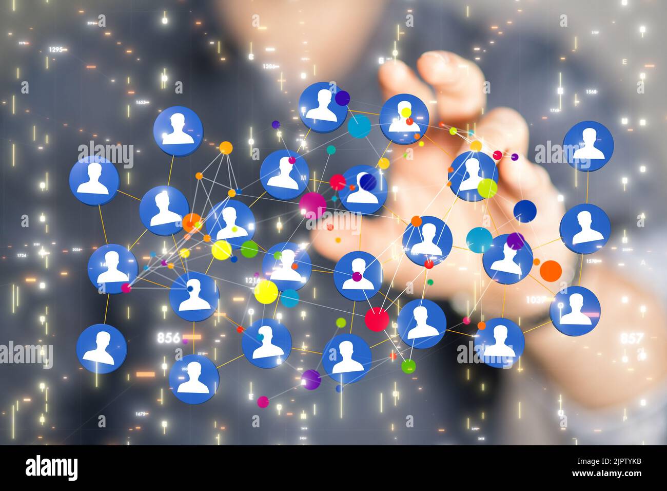 A 3d rendering of floating connected profile icons on a palm of a hand Stock Photo - Alamy