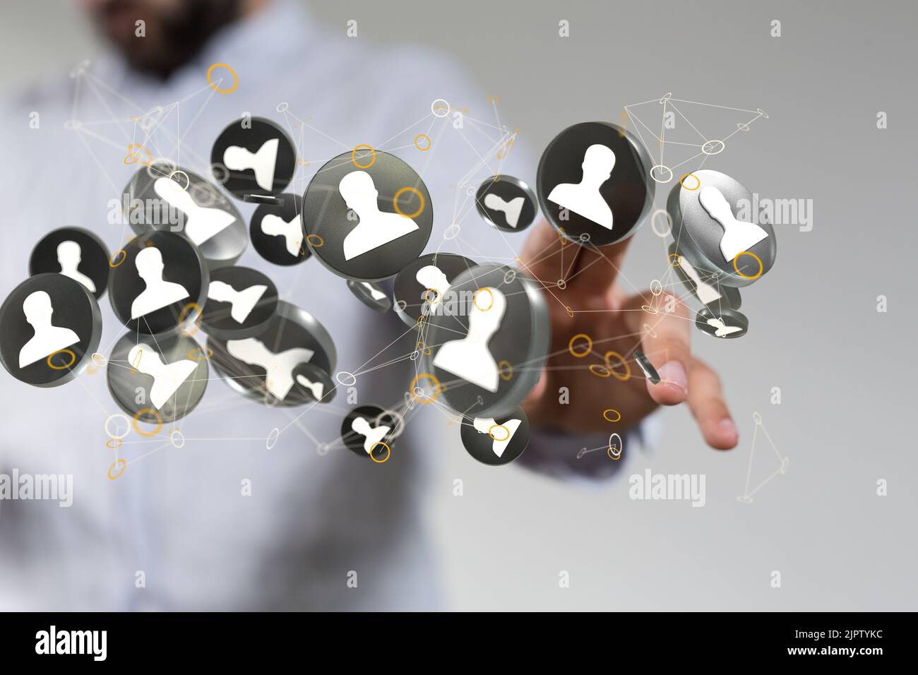 A finger touching a 3d rendering of floating connected profile icons Stock Photo - Alamy