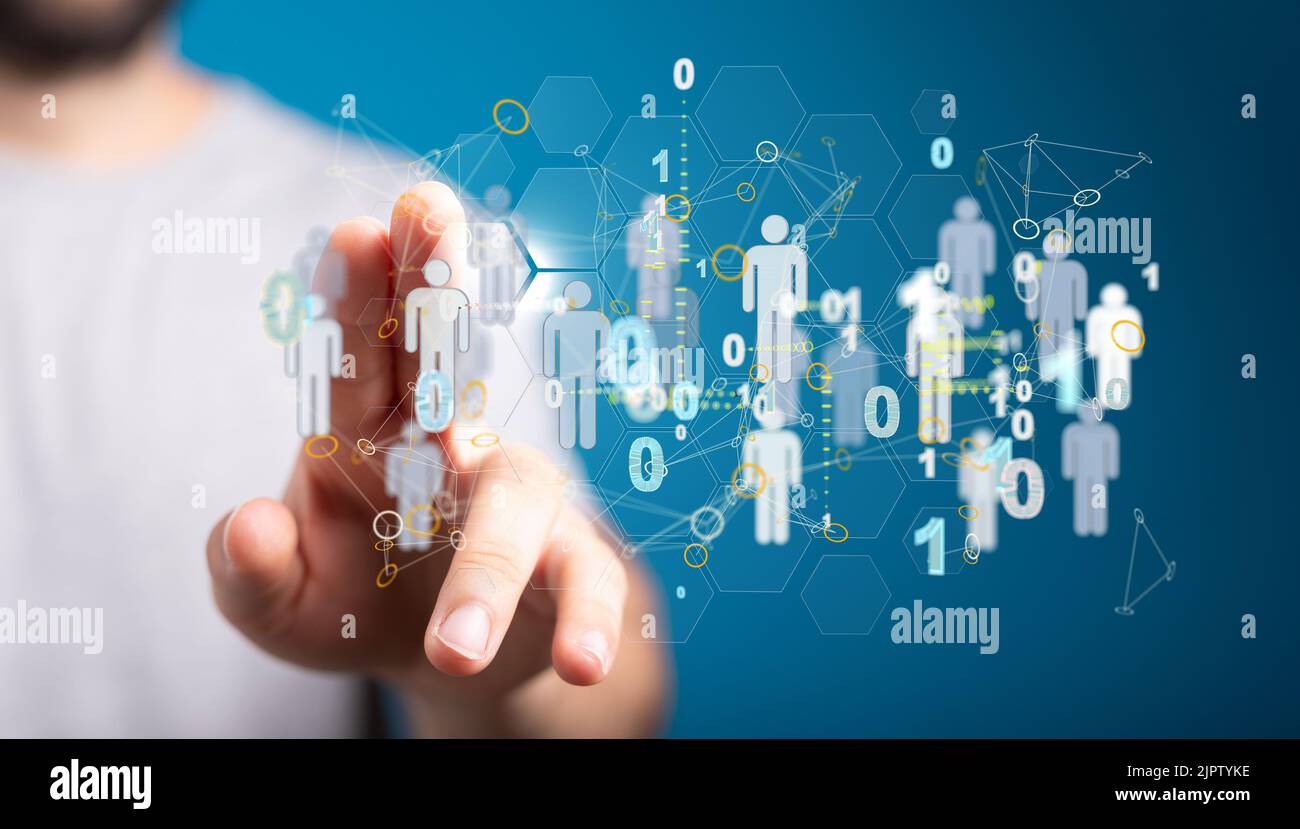 A finger touching a 3d rendering of floating connected profile icons Stock Photo - Alamy