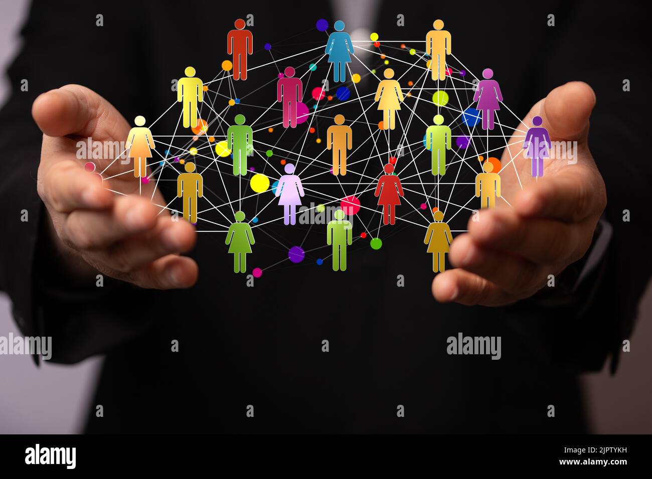 A 3d rendering of floating connected profile icons on a palm of a hand Stock Photo - Alamy