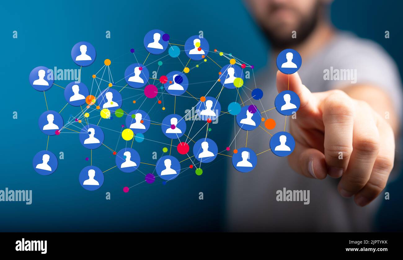 A finger touching a 3d rendering of floating connected profile icons Stock Photo - Alamy