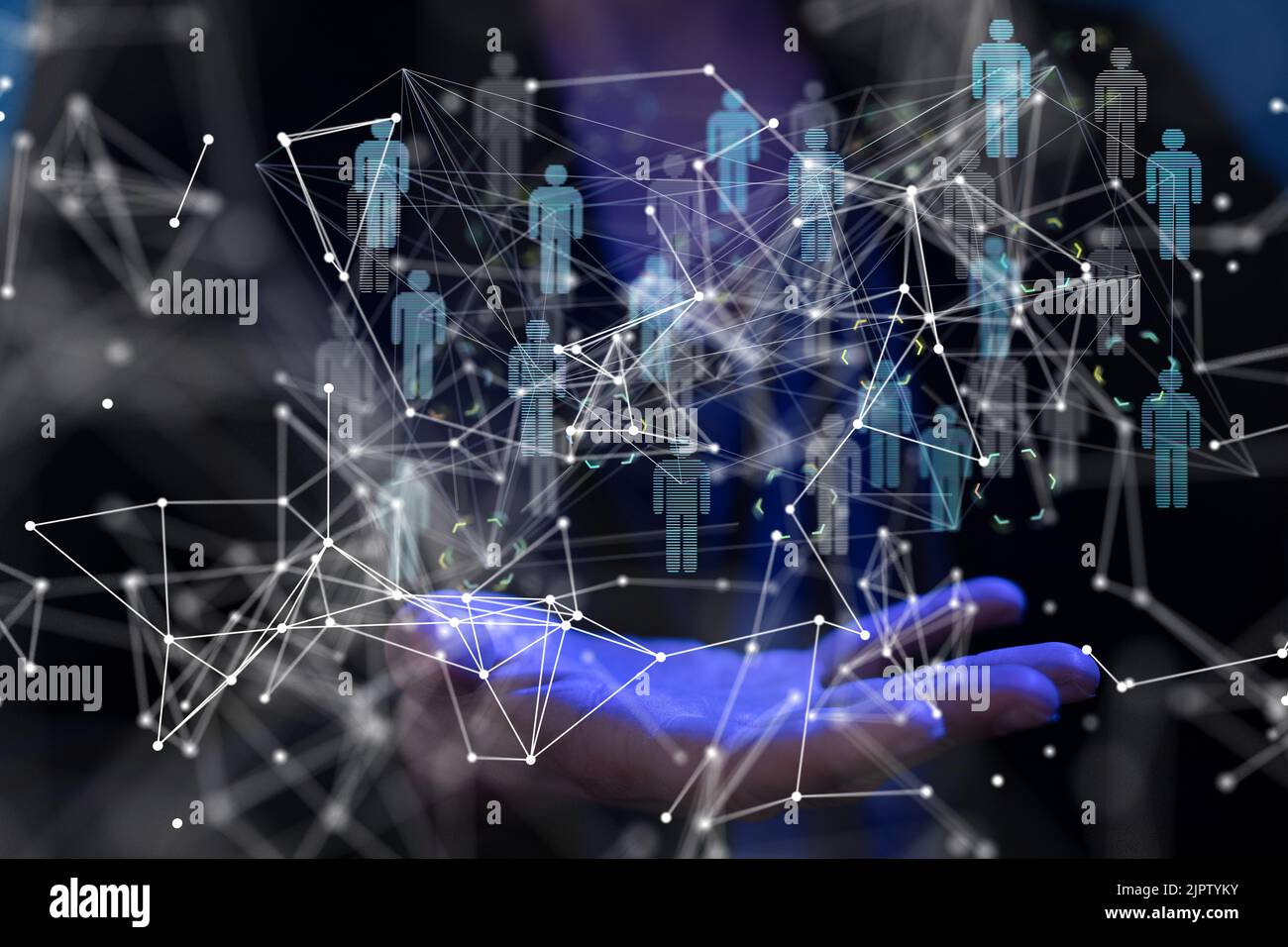 A 3d rendering of floating connected profile icons on a palm of a hand Stock Photo - Alamy