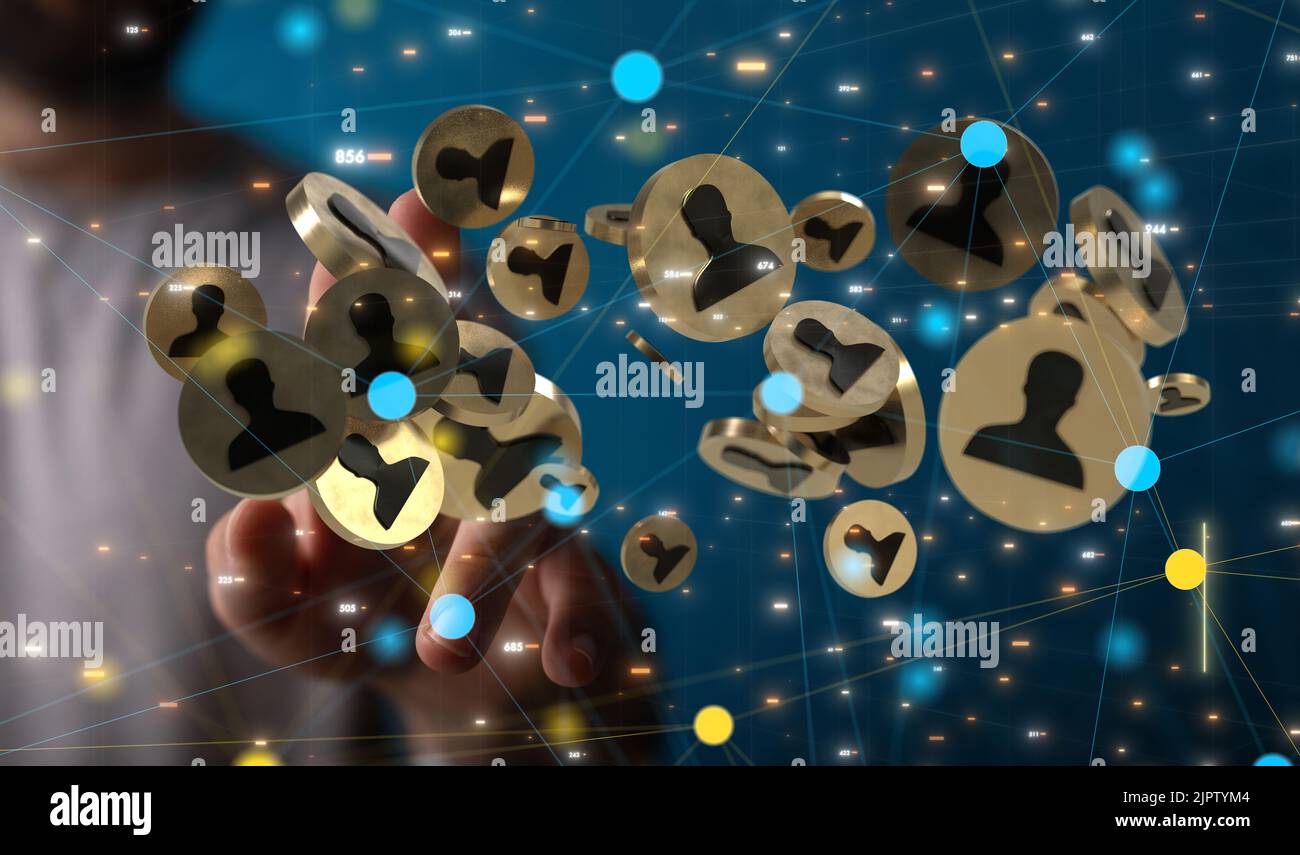 A finger touching a 3d rendering of floating connected profile icons Stock Photo - Alamy